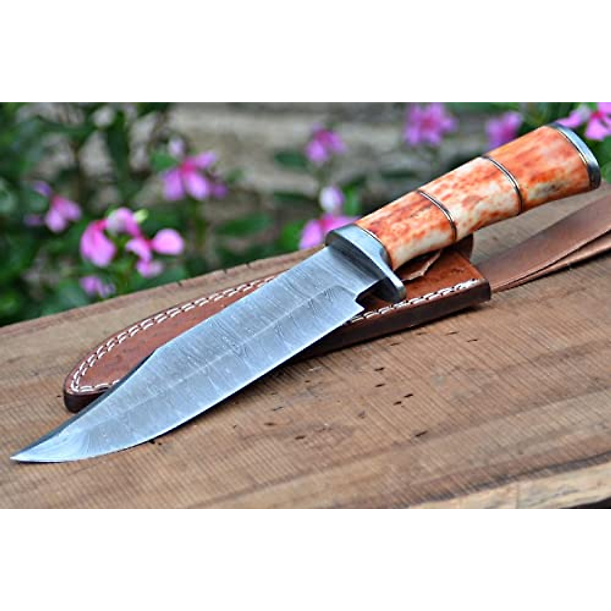 UK UNIQUE SHARP KNIVES BK-3004 Handmade Damascus Steel 12.00 Inches Damascus Steel Hunting Knife - Coloured Camel Bone Brass Spicer Handle With Damascus Gurd/pommel