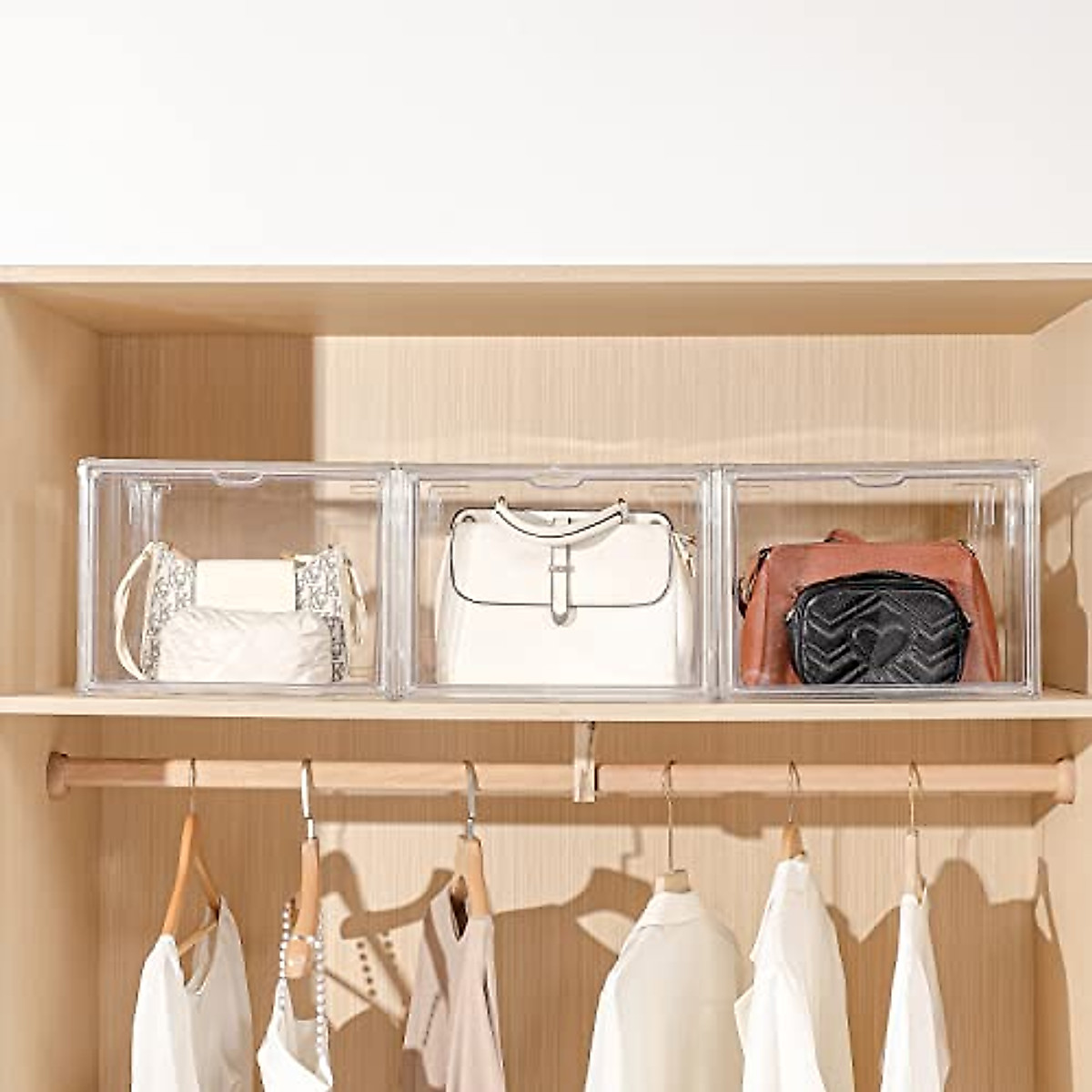 Coorganisers 3 Packs Plastic Purse and Handbag Organizer for Closet, Clear Acrylic Display Case with Magnetic Door, Stackable Storage Organizer for Wallet, Book, Cosmetic, Toys, Clutch, Collectibles