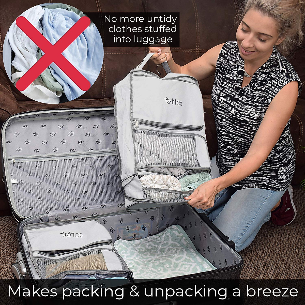 Artos Hanging Portable Luggage Suitcase Carry On Closet Shelving Organizer w/Hooks| for Travel, Camper, RV |Packing Cube(Grey)