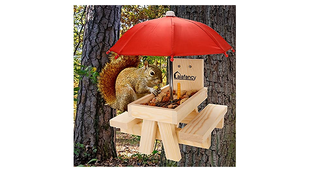 Lalafancy Squirrel Table Feeder with Umbrella