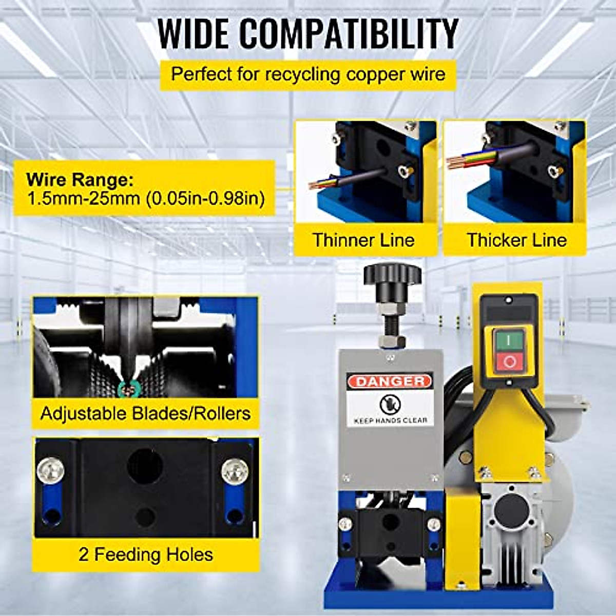 Happybuy Automatic Electric Wire Stripping Machine 0.05"-0.98", Cable Wire Stripper Machine, Portable Wire Stripper Machine for Scrap Copper Recycling, Including A Extra Blade(Dark Blue)