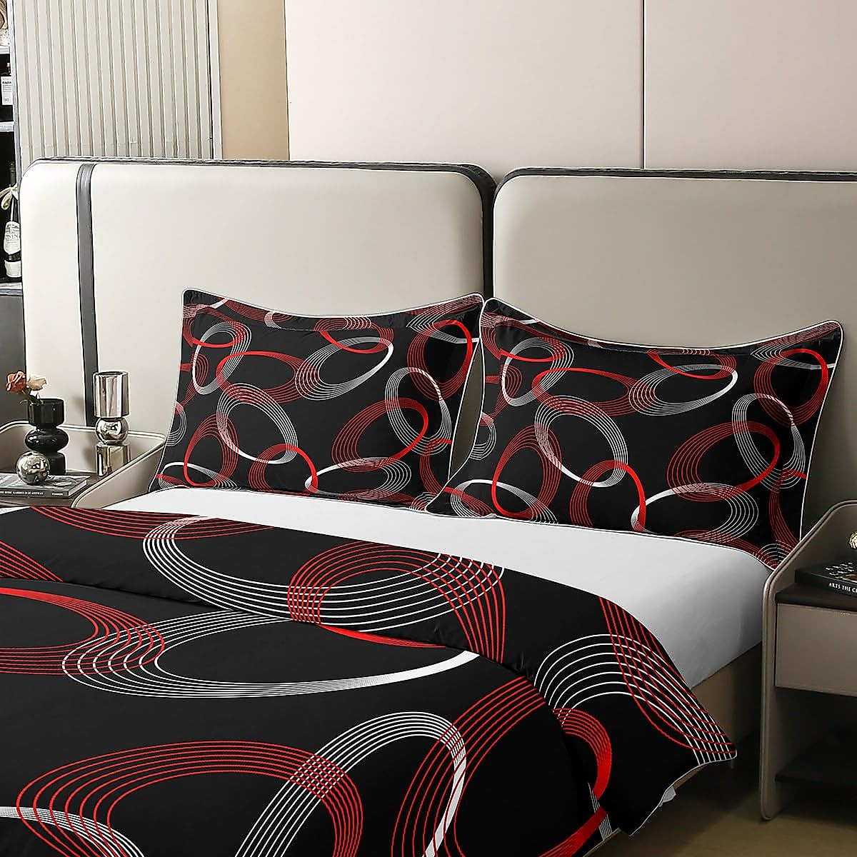 Feelyou Retro Circle Geometry Bedding Set King Red White Circle Comforter Cover for Boys Girls Circle Duvet Cover 100% Cotoon Stripe Line Art Bedspread Cover Decorative 3Pcs with 2 Pillow Case
