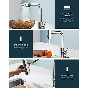 FORIOUS Kitchen Faucet with Pull Down Sprayer, Brushed Nickel Kitchen Faucets Stainless Steel, Waterfall Kitchen Sink Faucet 3 in 1 Function, Modern Faucet for Kitchen Sink, Bar, Laundry, Rv