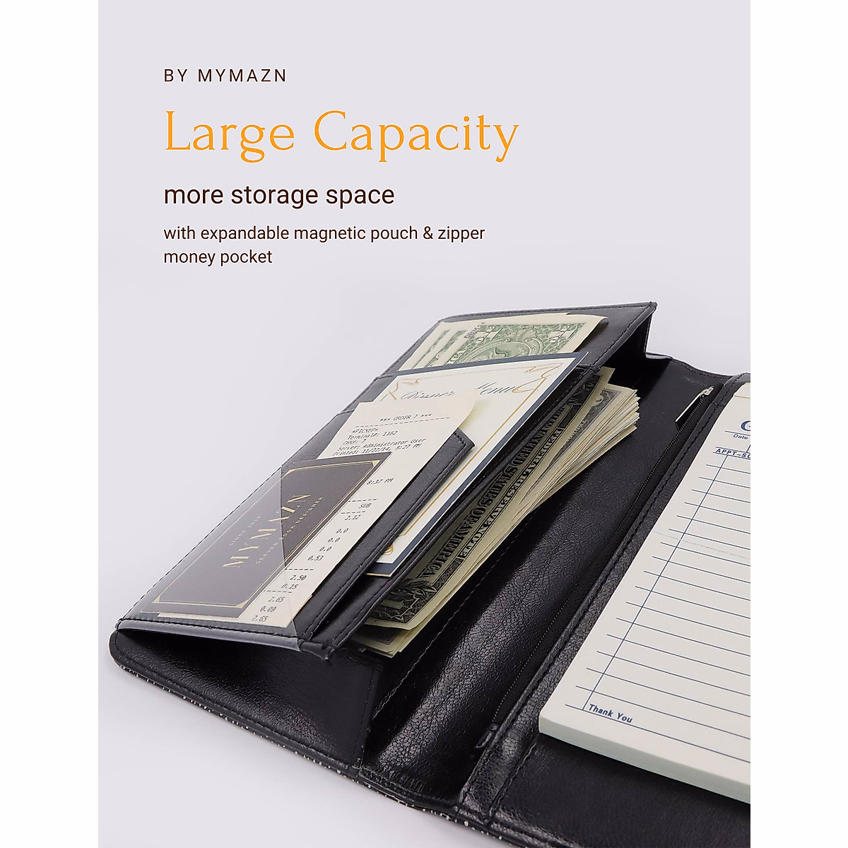 Mymazn Holographic Glitter Server Book with Zipper Pocket 5x9 Waitress Book with Magnetic Closure Pocket Serving Book for Waitress Wallet