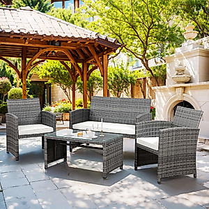 Shintenchi 4-Piece Patio Furniture Set, Outdoor Wicker Patio Conversation Furniture Set with Cushions and Tempered Glass Tabletop for Lawn Backyard Pool Garden,Beige