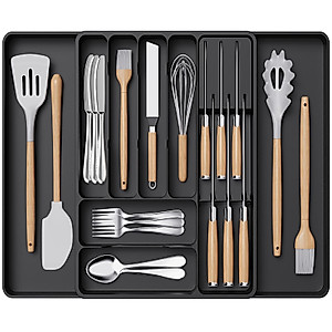 Lifewit Silverware Organizer for Kitchen Drawers, Expandable Utensil Tray with Removable Knife Block, Adjustable Cutlery and Flatware Holder, Plastic Spoon Forks Holder Storage Divider, Large, Black