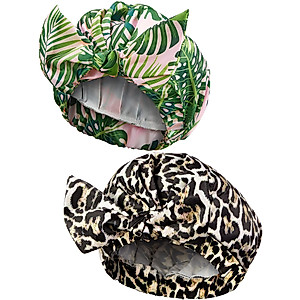 2 Pieces Shower Caps for Women, Waterproof Reusable Shower Hair Caps Elastic Hem Shower Bath Caps for Long, Short and Curly Hair for Women Girls (Palm Leaf and Stripe)