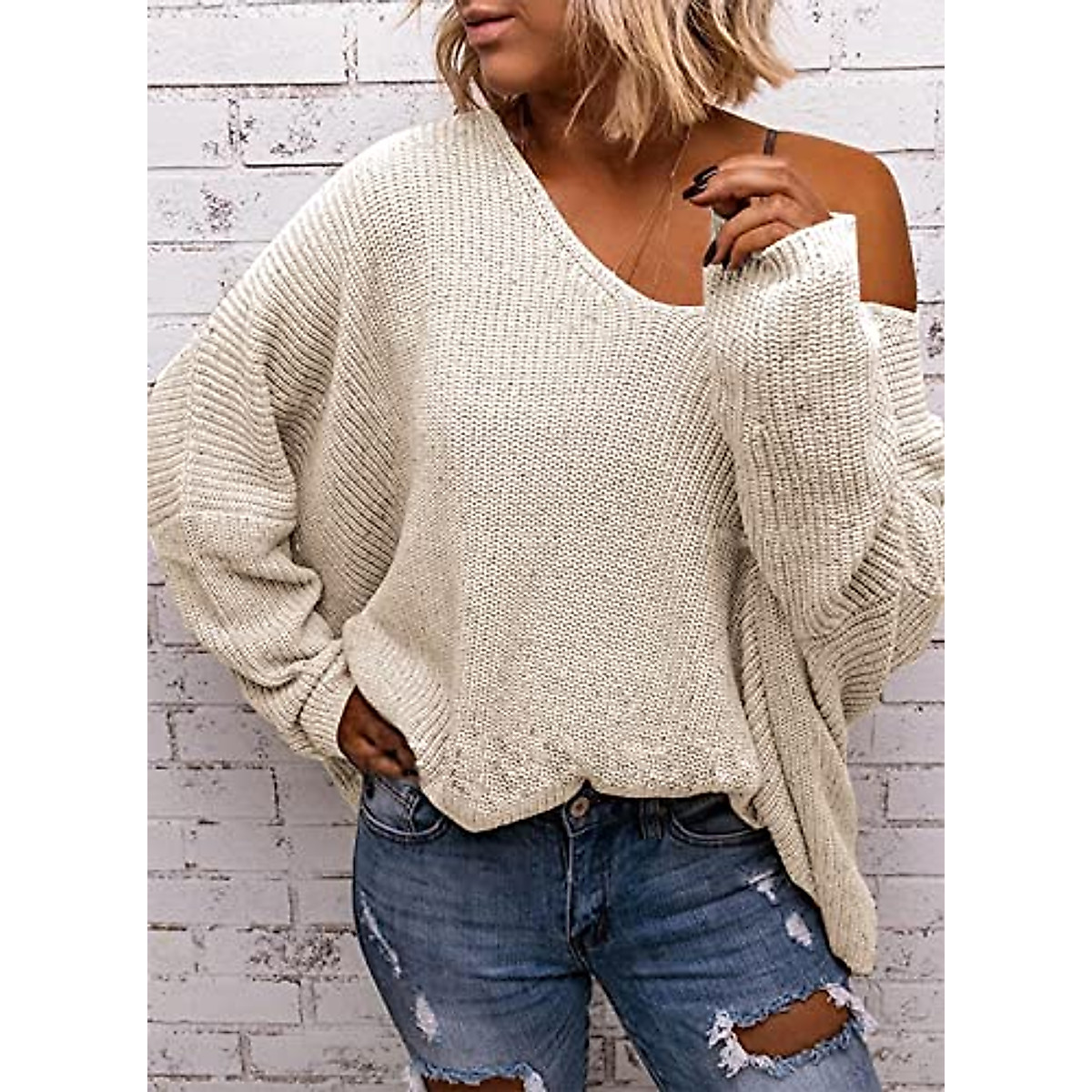 BZB Women's V Neck Long Sleeve Knit Loose Oversized Pullover Sweater Top