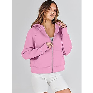 ANRABESS Women's Zip Up Cropped Hoodie Oversized Fall Sweatshirts Y2k Jacket Workout Crop Tops Rib Knitted Casual Long Sleeve Shirts Comfy Clothes A1015fense-M Pink