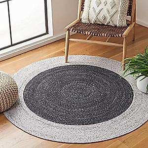 Safavieh Braided Collection 4' x 4' Round Black/Light Grey BRD803F Handmade Country Farmhouse Area Rug