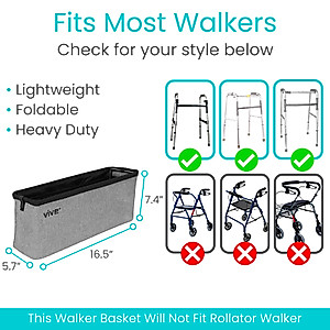Vive Walker Basket Accessories Bag - Tray for Folding Walker with Water Cup Holder & Pockets - Universal Large Capacity Storage Container for Seniors, Elderly - Storage Mobility Aid Pouch (Gray)
