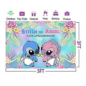 Stitch and Angel Gender Reveal Backdrop Summer Hawaii Baby Shower Banner for Party Decorations Supplies 5x3ft