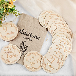 19 Pieces Pregnancy Milestone Signs Weekly Baby Bump Tracker 4.7" Milestone Cards Wooden Milestone Discs Double Sided Pregnancy Weekly Signs Neutral Baby Announcement Cards with Bag for Pregnant Moms