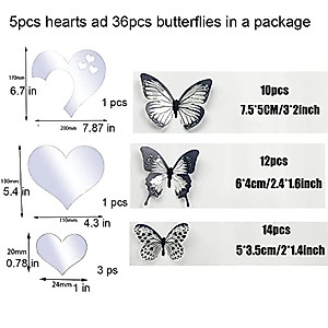 36pcs 3D Crystal Butterfly and 5pcs Silver Acrylic Mirror Hearts Wall Stickers with Adhesive Art Decal Satin Paper Baby Kids Bedroom Home DIY Decor Removable Stickers (36 Butterfly and Silver Heart)