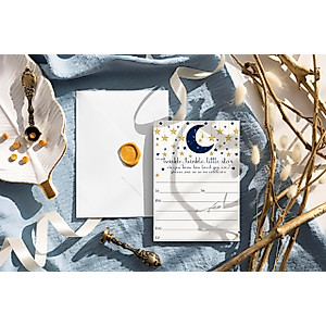 Twinkle Little Star Baby Shower Invitation Bundle (25 of Each) Blank Invites with Envelopes for Boys Diaper Raffle Insert and Bring a Book Insert Cards Set Navy and Gold Theme Celestial