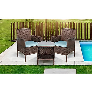 BTEXPERT Space Saving Outdoor Wicker Conversation 3 Piece Bistro Set Garden Patio Yard Porch Furniture Pe Rattan Two Chairs Cushions Side Storage Table Brown/Aqua Blue
