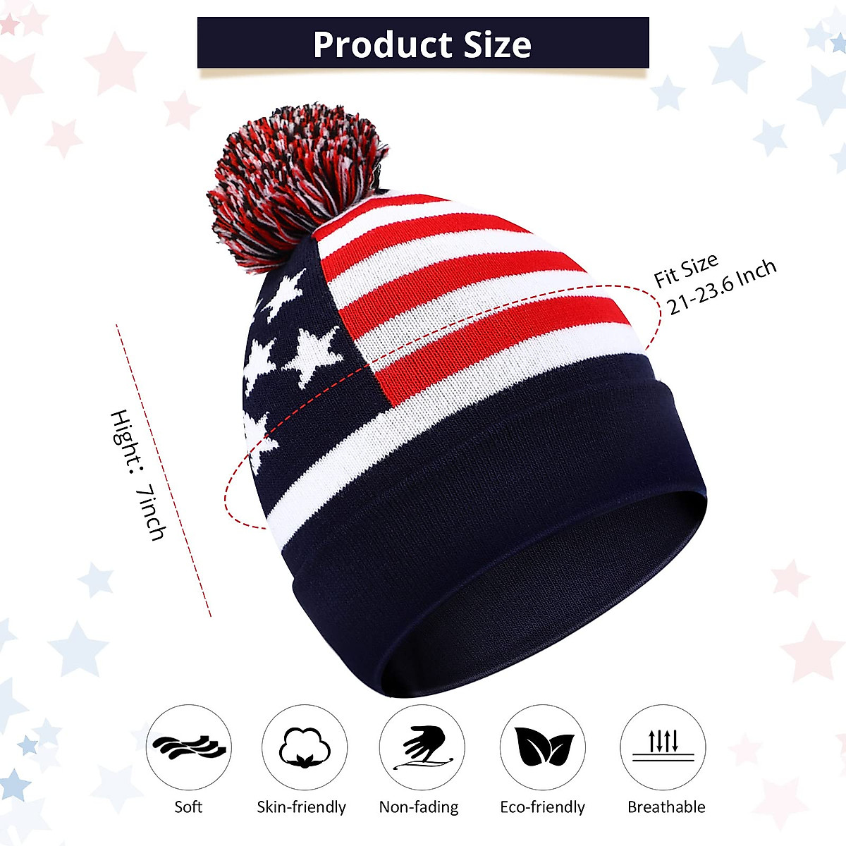 Tarpop 4 Pcs Winter Hat American Flag Pom Knit Beanie Fun USA Hat Warm Cuffed Beanie for Cold Days Men Women, Large(Delicate)