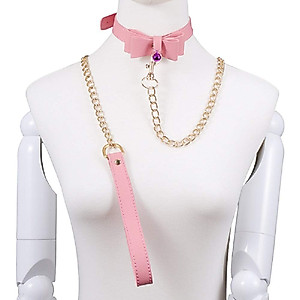 LEWECEEO PU Leather Kitty Bell Collar Choker Cosplay Bowknot Collar Choker with Golden Chain Leash for Women Girls (Pink)