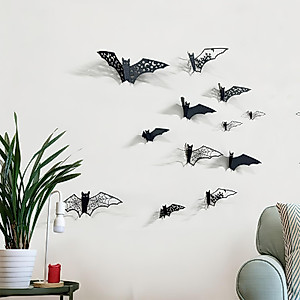 24Pcs Large Halloween Bats Decorations Hollow Out Bats Wall Decor, 3D Self-Adhesive PVC Scary Bat Stickers Halloween Party Indoor Supplies Waterproof Black Bats Wall Decals for Door Room Decor