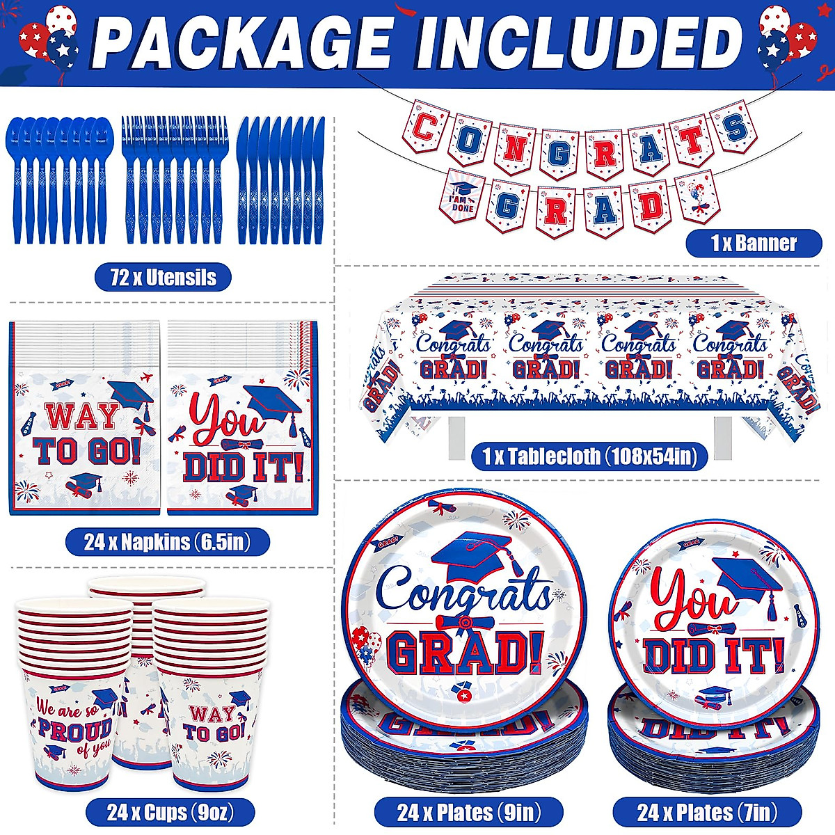 183Pcs Red and Blue Graduation Party Supplies 2024 Graduation Decorations Class of 2024 Graduation Plates and Napkins 2024 Red White and Blue 2024 Graduation Party Decorations Graduation Decorations