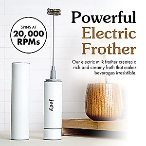 Froth'y, High-Grade Milk Frother, Automatic Stainless-Steel Frother for Coffee & More, Frother Handheld Device with a Double-Whisk Wand, Battery-Powered Drink Frother with a Travel Case, White - Joe’y