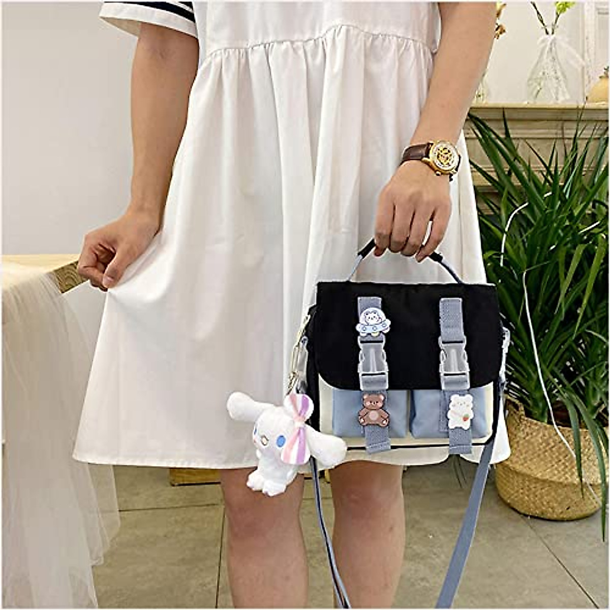 JELLYEA Kawaii Shoulder Bag with Cute Accessories Pins Kawaii Tote Bag School Crossbody Backpack Casual Fashion (Black)