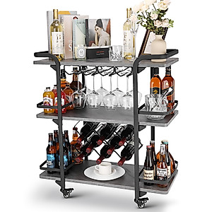 Jubao 3-Tier Bar Cart for The Home Mobile Serving with Glass Holders and 8 Wine Racks Storage, Wine Trolley Kitchen Island Cart on Wheels, Modern Coffee Cart for Kitchen Outdoor