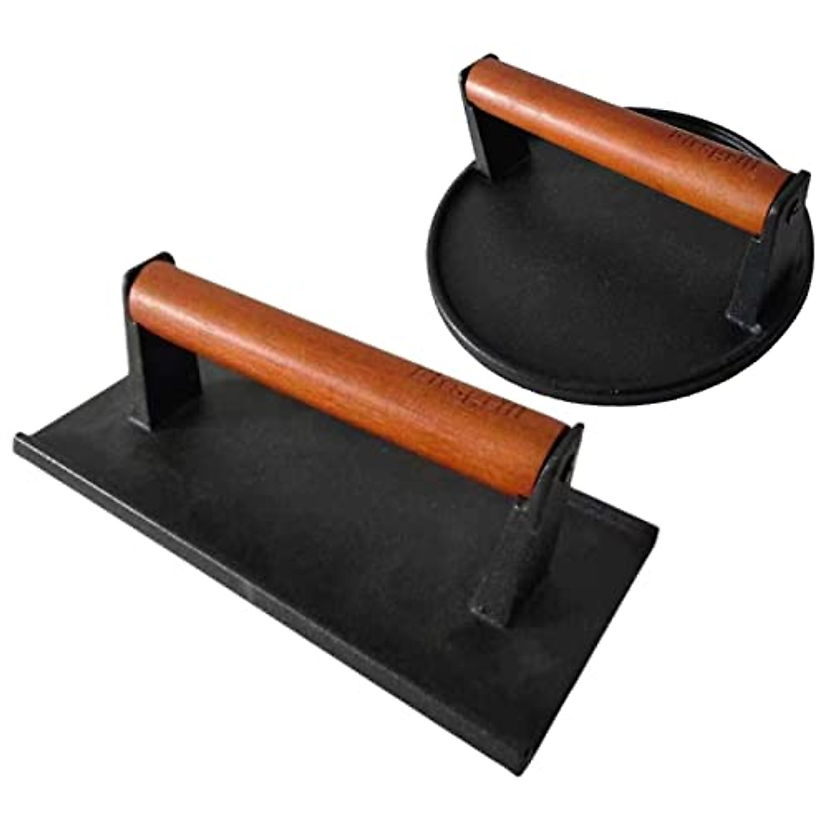 Firsgrill Burger Press 7.08" Round & 8.3‘’X4.3”Rectangle Heavy-Duty Cast Iron Smash Meat Steak With Wood Handle for Blackstone Camp chef Pitboss Weber Treager Griddle Grills (Round & Rectangle)