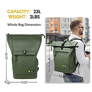 MIER Rolltop Travel Backpack for Men Women Water Resistant Carry on Casual Commuter Back Pack with Multiple Pockets for Work Business Trip, 23L, Green