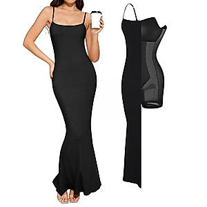 Popilush Summer Maxi Dress for Women - Cocktail Shapewear Dresses Built-in Bra Adjustable Straps Vacation Long Slip Black