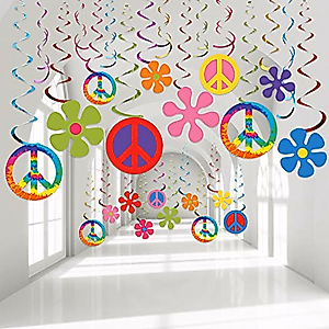 60's Hippie Theme Party Foil Swirl Decorations, 60s Groovy Party Retro Flower Cutouts Peace Sign Hanging Swirls Ceiling Decorations for 60s Hippie Theme Groovy Party Supplies, 30 Count (Simple)