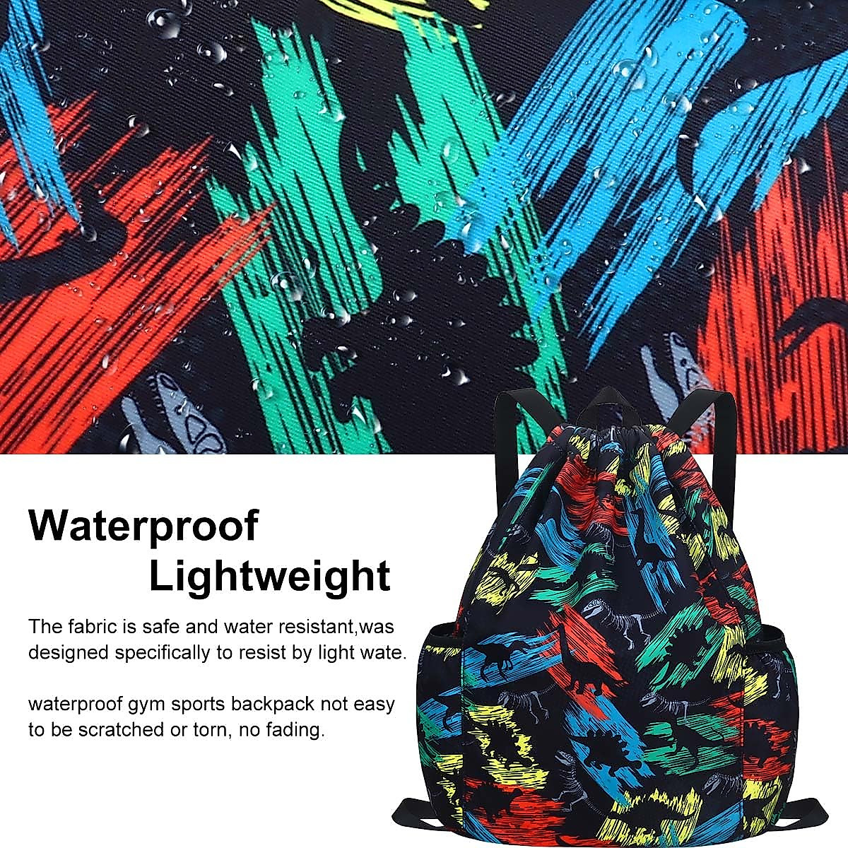 RHCPFOVR Drawstring Backpack for Kids - Dinosaur Bags for Girls Gym Dance Beach Swim Travel Bag With Two Water Bottle Holder