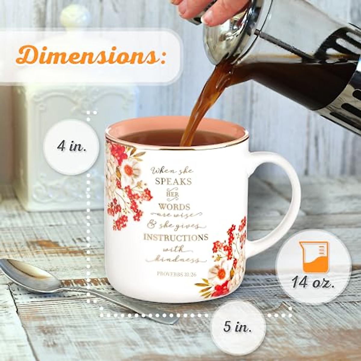 Christian Art Gifts Ceramic 14 oz Coffee and Tea Mug for Women When She Speaks - Proverbs 31:26 Pink/Red with Gold Metallic Floral, Lead-free and Cadmium-free Bible Verse Coffee Mug