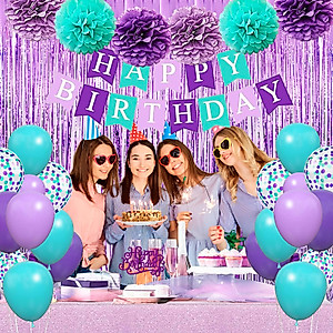 Purple Green Birthday Decorations, Purple Blue Party Balloons with Happy Birthday Banner and Purple Turquoise Fringe Curtain Pompom for Girl Women Birthday Baby Shower Party Decorations