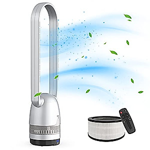 Mitcent Bladeless Fan and Air Purifier in One, H12 HEPA Filter Capture 99.95% 0f 0.3 Micron Particles, Tower Fan for Bedroom, White