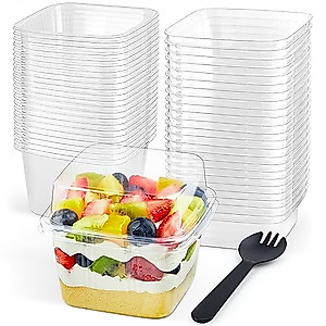 Zezzxu 50 Pack 8 oz Plastic Parfait Cups with Lids and Sporks, Square Dessert Cups with Spoons Cake Containers for Pudding, Yogurt Fruit, Mousse, Trifle and Ice Cream