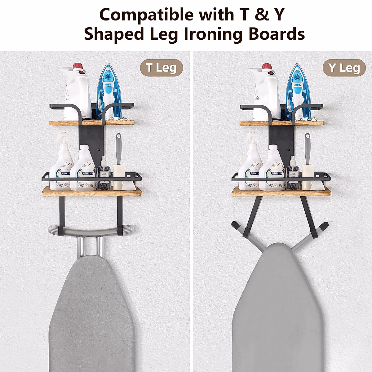 VINAEMO Ironing Board Hanger Wall Mount, 2-Layer Iron and Ironing Board Holder, Laundry Room Shelves Solid Wood with Removable Hooks Home Organization and Storage