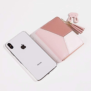 Chicmo Small Wallet for Women Girls, Bifold Slim PU Leather Multi Slots Card Holder Organizer Coin Purse Zipper with Tassel Pendants (Pink)