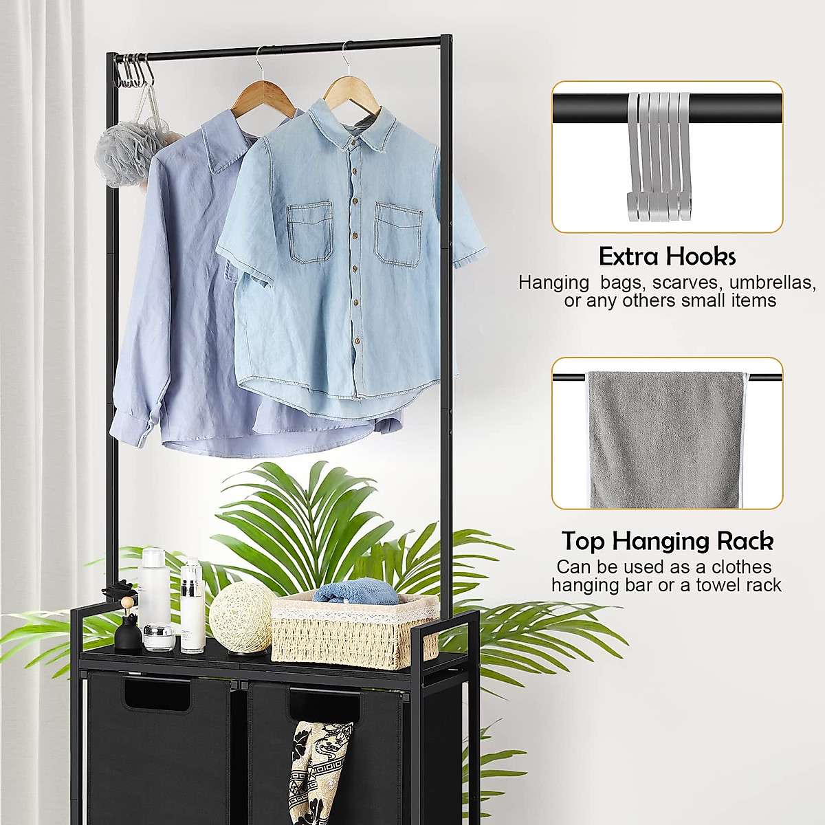 Laundry Hamper with Shelf Grey Laundry Sorter with Wheels 2 Section Laundry Hamper Cart with Hanging Rack 6 Hooks for Laundry Room Bathroom Bedroom, Rustic Grey