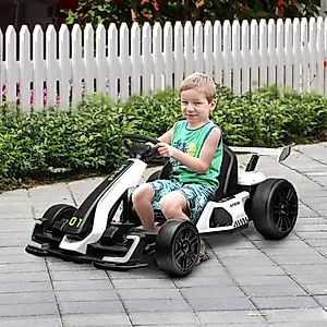 Aosom 24V 7.5 MPH Electric Go Kart with Adjustable Seat, Drifting Car Battery Powered Ride on Toy Outdoor with Slow Start, Button Start, Music, Honking Horn, Lights, for 6-12 Years Old, White