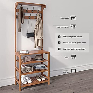 AKTOP Entryway Coat Rack Shoe Storage - 4 in 1 Hall Tree Storage Shelf, 4-Tier Bamboo Shoe Rack with 9 Double Hooks and Top Shelf Organizer, Perfect for Mudroom, Hallway and Bedroom, Easy Assembly