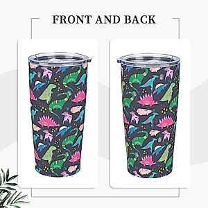 20oz Tumbler Hand Drawn Cute Dinosaur Double Wall Vacuum Insulated Coffee Mug with Lid and Metal Straw Brush Reusable Stainless Steel Water Bottle Travel Cup Gifts for Car Ice Drinks Hot Beverage