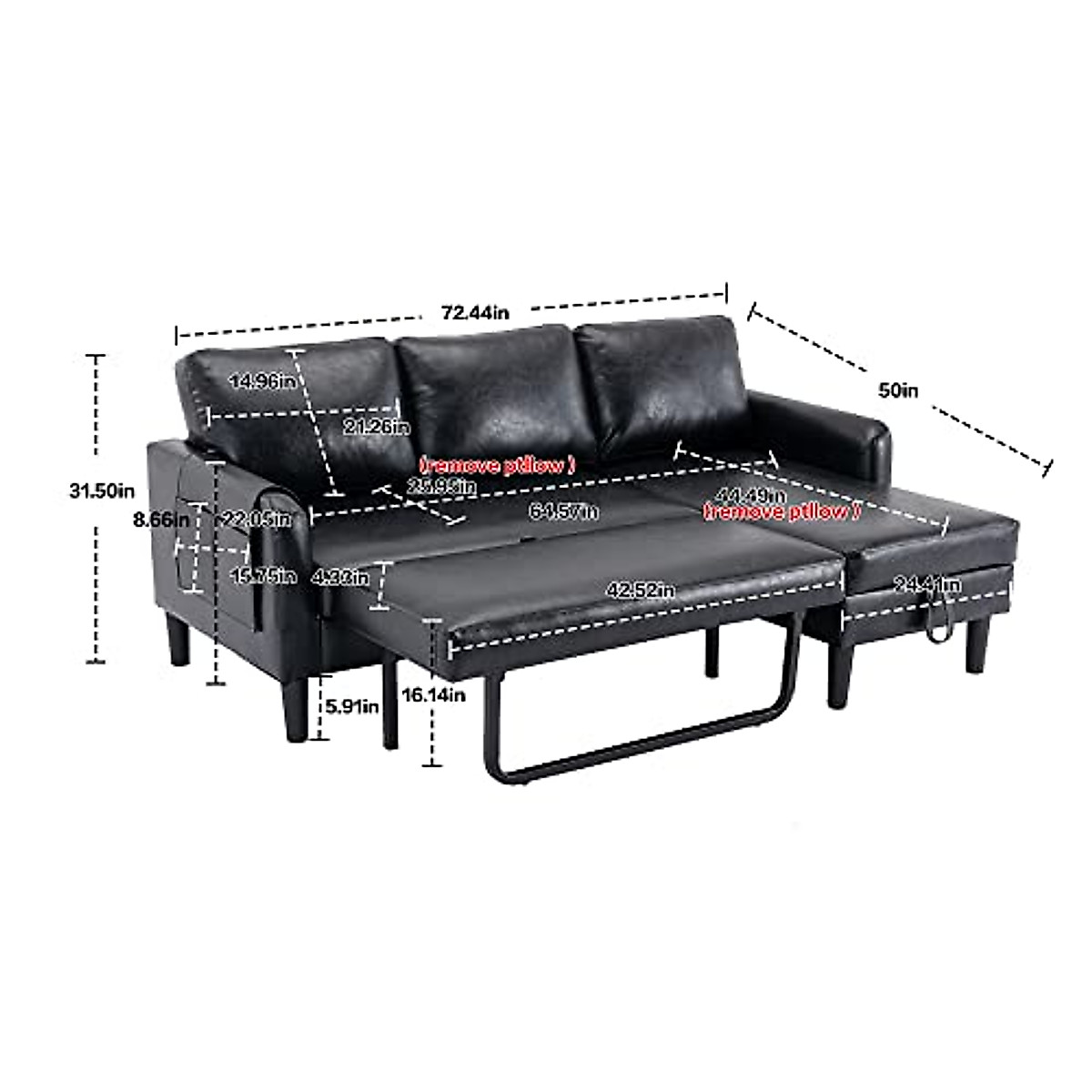 Eafurn 3 Seater Sectional Chaise Lounge and Storage,L Shaped Convertible Pull Out Bed,Comfy Velvet Upholstery Corner Sofa & Couches Button Tufted Living Room Furniture Sets, Black Soft 72.44"