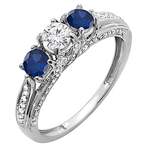 Dazzlingrock Collection Round Blue Sapphire & White Diamond 3 Stone Wedding Ring for Women in 14K White Gold Size 7.5