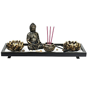 Mini Zen Garden Buddha Statue Incense Sticks Burner Holder with Glass Tealight Candle (Zen-38x15x12cm)