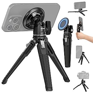NEEWER Magnetic Desk Phone Tripod Set Compatible with MagSafe iPhone 16 15 Pro Max Plus 14 13 12 Series, Single Hand Grip Selfie Stick Metal Tabletop Mini Tripod with Ball Head, PA010+TP29