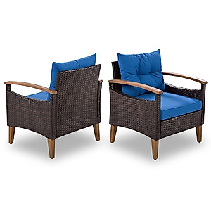 Hlcodca 4 Piece Wicker Patio Conversation Furniture Set,PE Rattan Patio Seating Set with Acacia Wood Tabletop and Legs, Outdoor Sofa Set for Balcony, Porch, Backyard (Brown and Blue/)