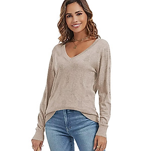 ANFTFH Women's Pullover Sweaters Cashmere Long Sleeve V Neck Fashion Sweater Tops Beige M