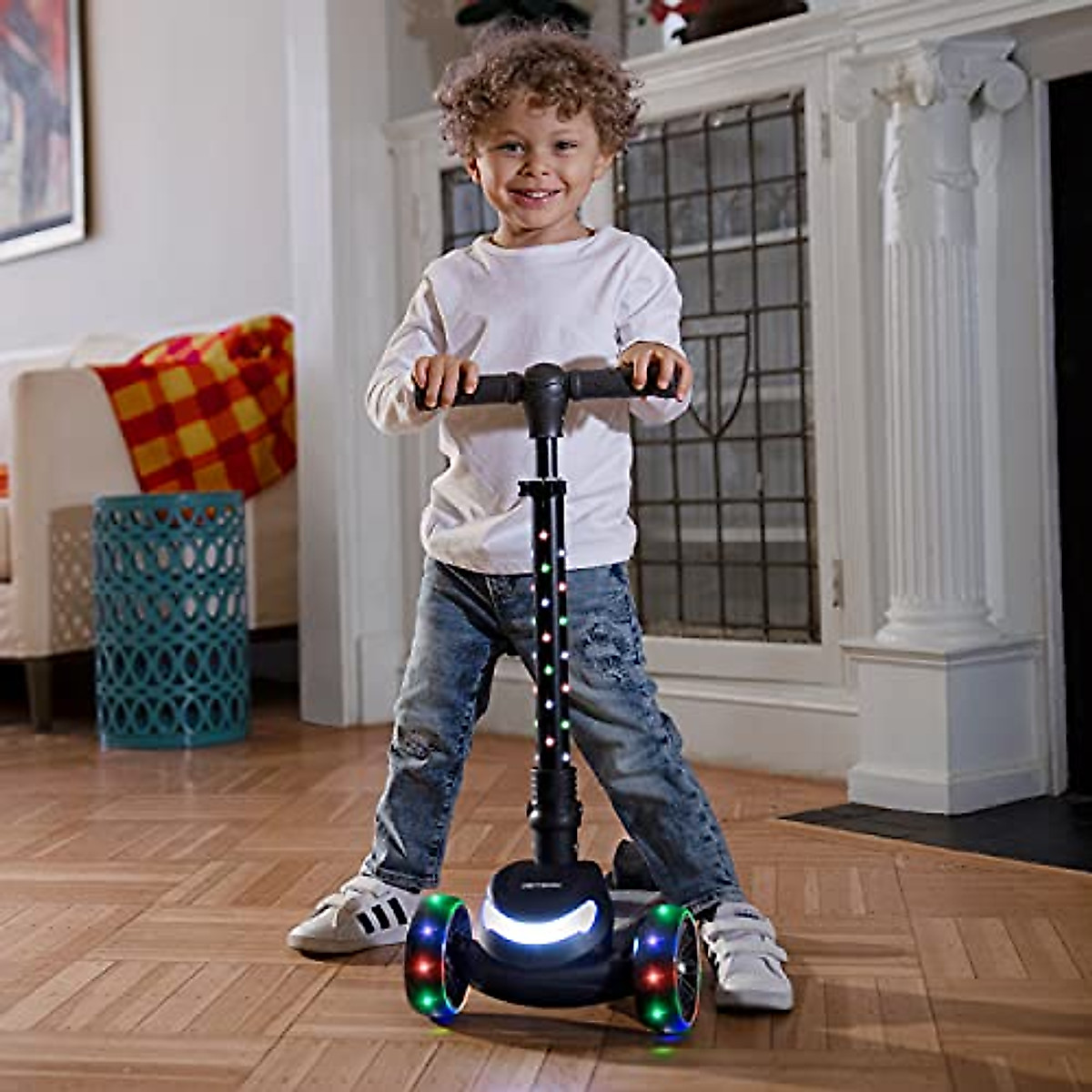 Jetson Scooters - Jupiter Mini 3 Wheel Kick Scooter (Black) - Collapsible Portable Kids Three Wheel Push Scooter - Lightweight Folding Design with High Visibility RGB Light Up LEDs on Stem and Wheels