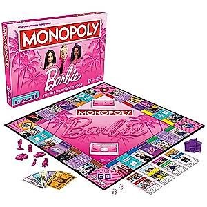 Monopoly: Barbie Edition Board Game, Ages 8+, 2-6 Players, Fun Family Games for Kids and Adults, with 6 Barbie-Themed Pink Zinc Tokens, Kids Gifts